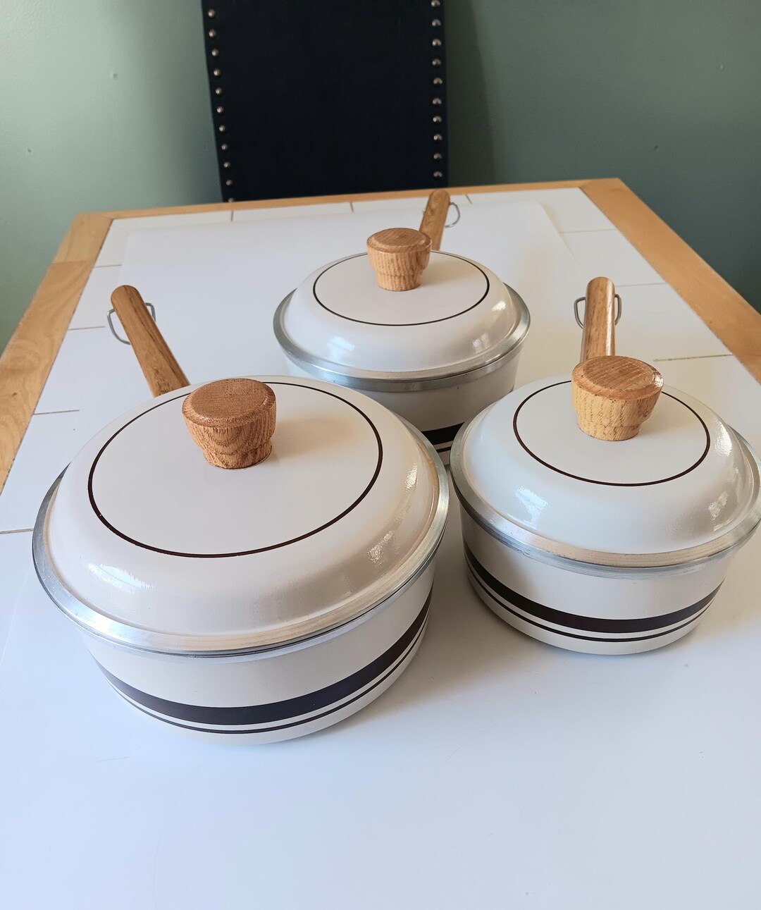 Vintage 6 Piece Cast Aluminum Sauce Pot Set Kitchen Cookware Wood ...