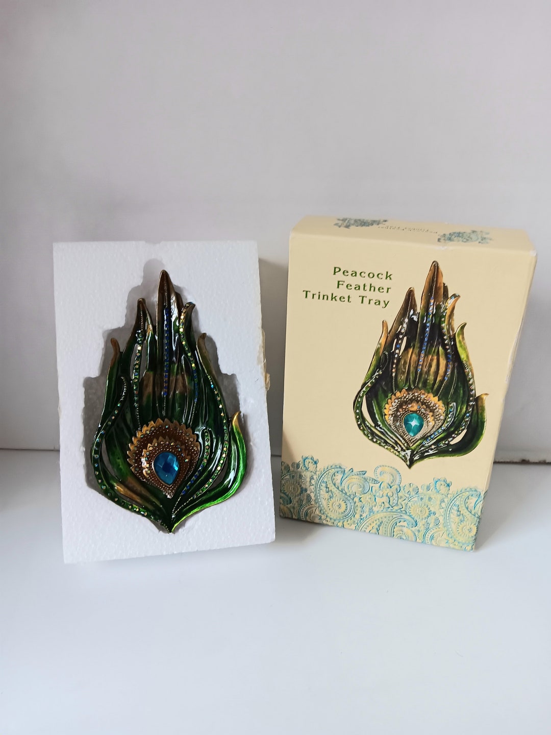 Cracker Barrel Exclusive Peacock Feather Jeweled Enamel Trinket Tray ...