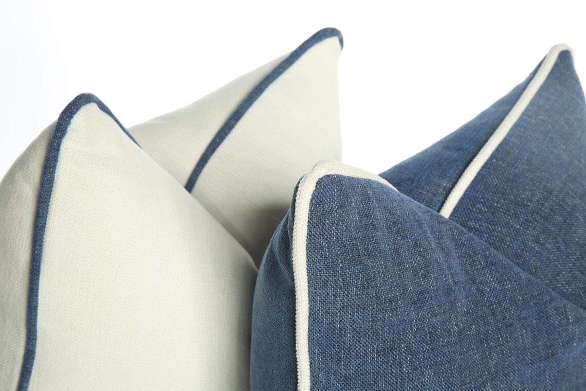 Blue and White Pillow Case Set, Piping Linen Pillow Case, Combination ...