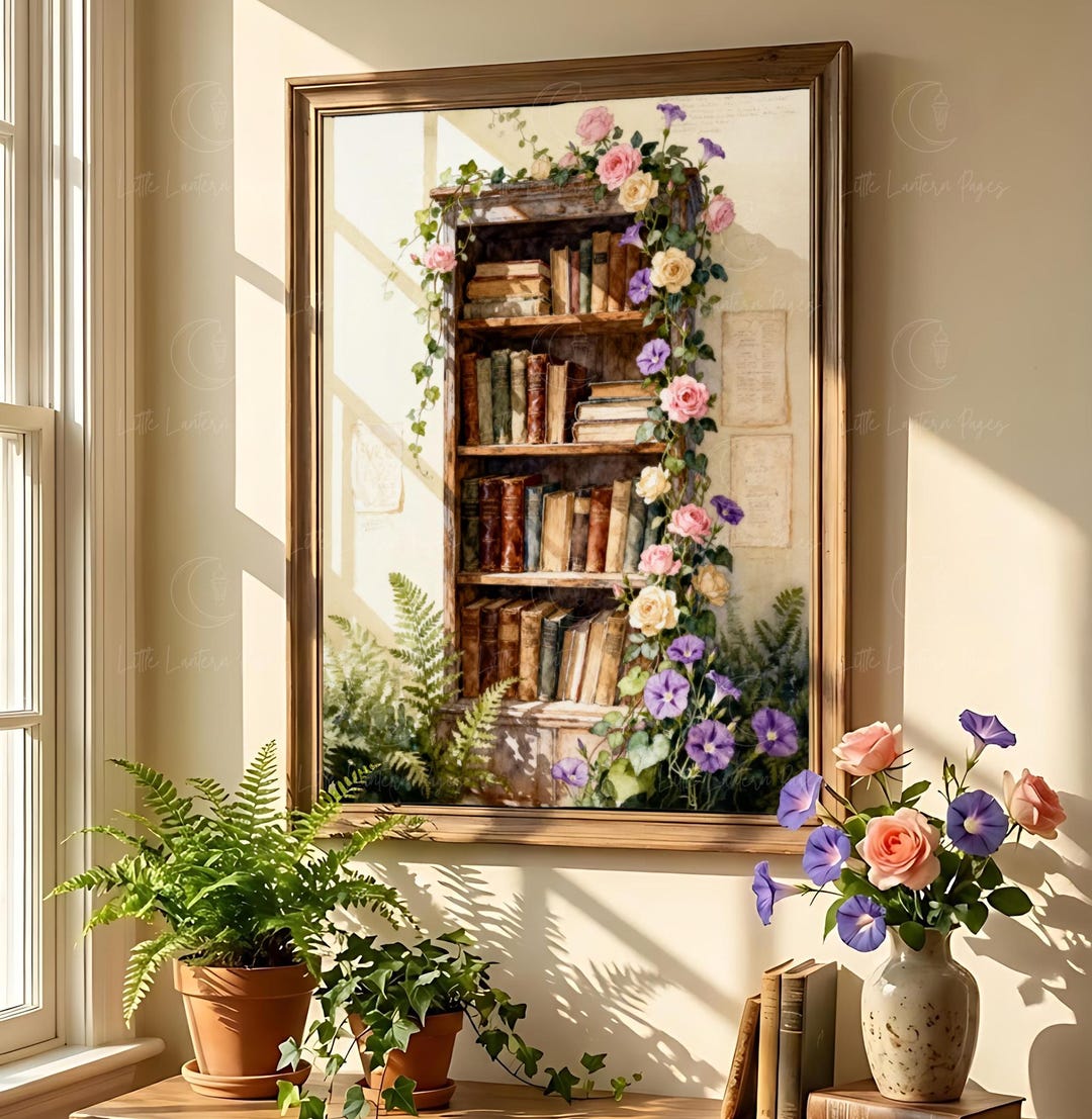 Cottagecore Bookshelf Print | Garden Library Wall Art | Watercolor ...