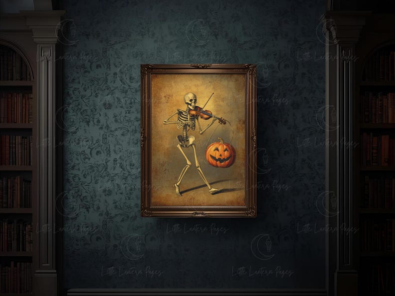 Classic Vintage Halloween Oil Painting Wall Art, Dancing Skeleton ...