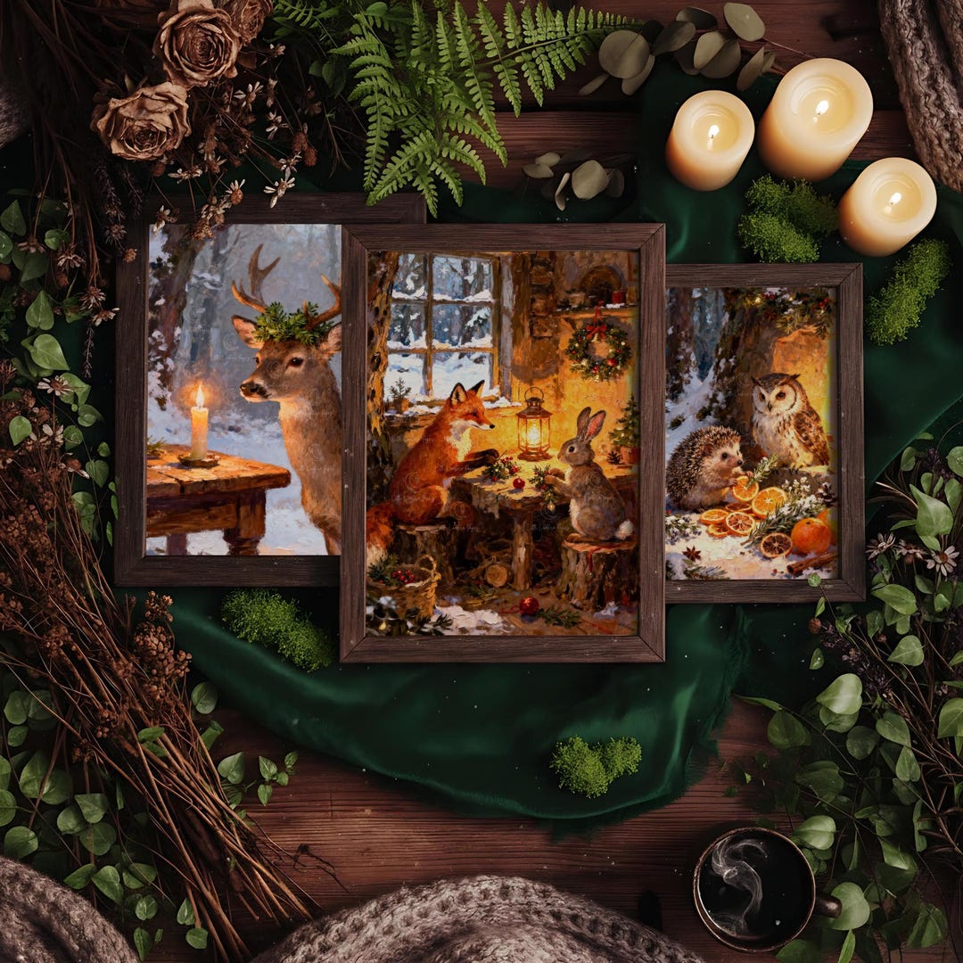 Cozy Woodland Yule Creatures Wall Art Set of 3 | Cottagecore Winter ...