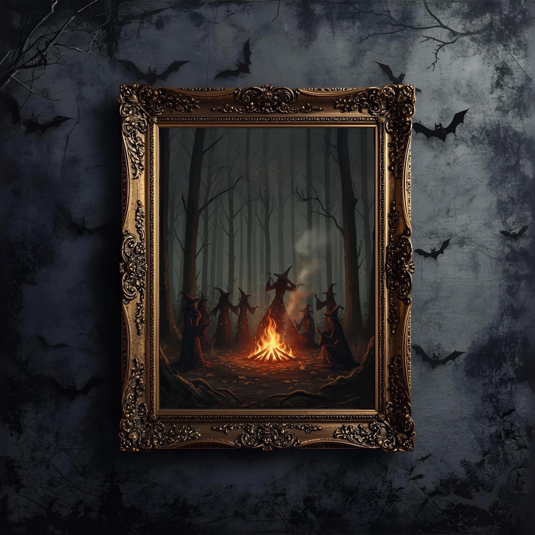 Witches at Forest Bonfire Print: Spooky Halloween Gothic Wall Art ...