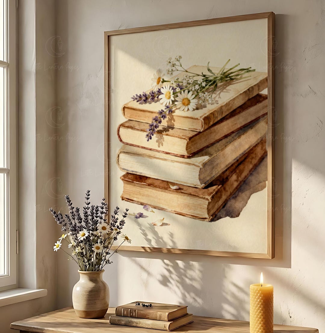 Cottagecore Book Print | Books and Wildflowers Watercolor Art | Daisy ...