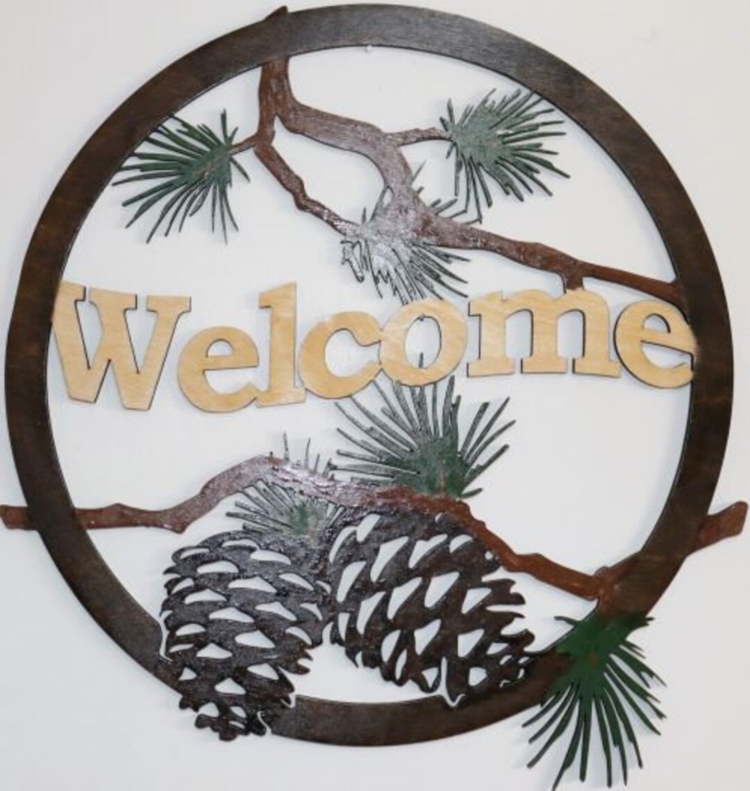 Rustic Welcome Sign Wall Art, Laser Engraved Pine Cones, Woodland Home ...