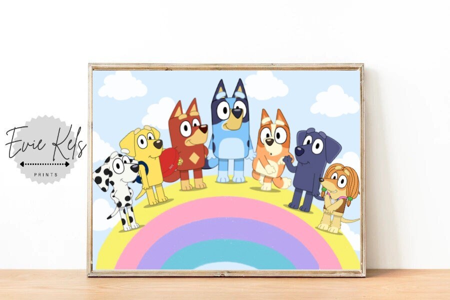 Bluey & Friends Print Children's Room Gift Wall Art Unique Rainbow Sky ...