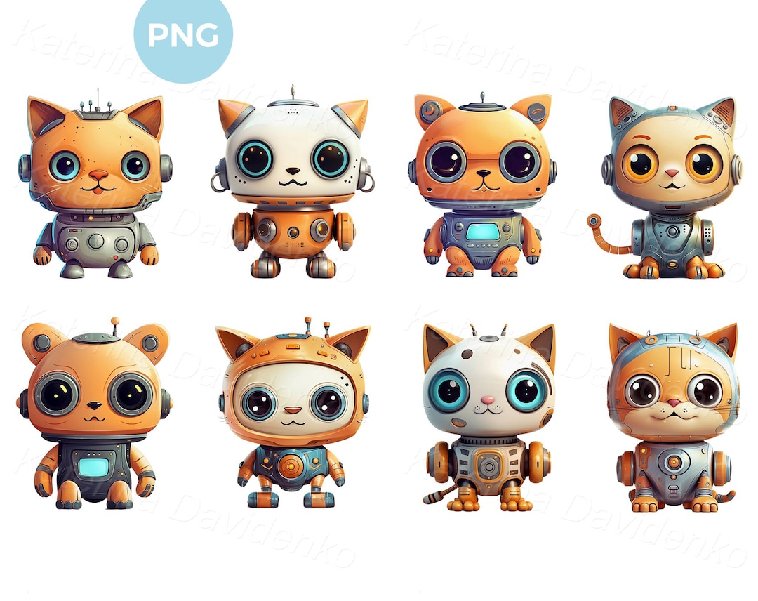 Set of Cute Cartoon Robots With Faces of Cats, Funny Characters, Alien ...