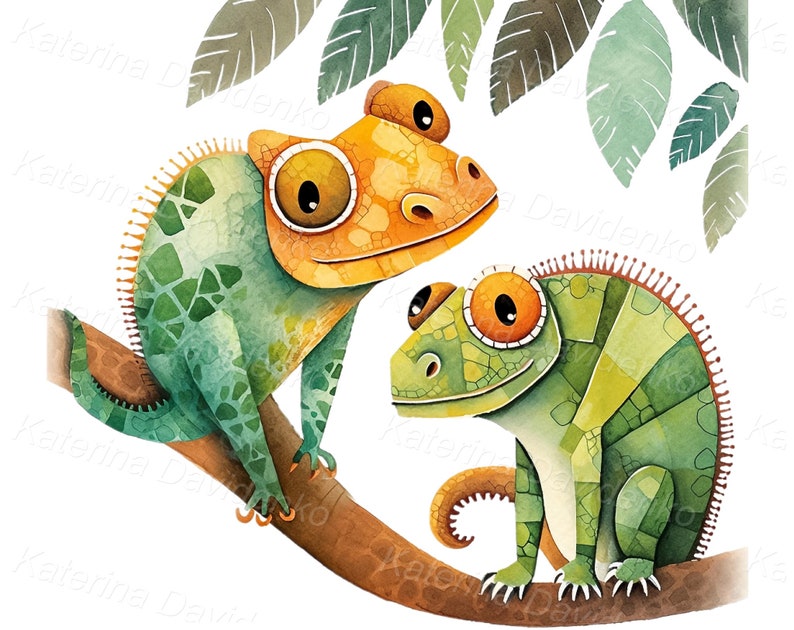 Funny Cartoon Chameleons PNG Clipart, Cute Watercolor Reptiles, Cartoon ...