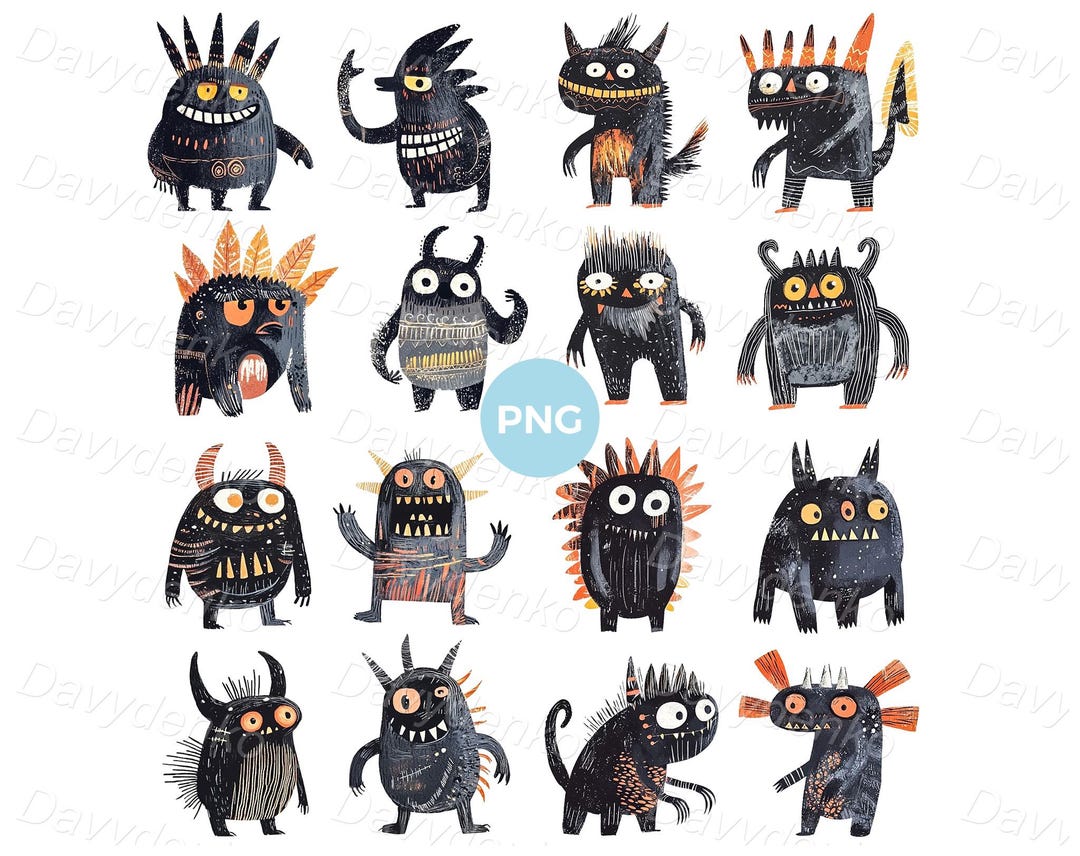 Set of Cartoon Monsters Clipart, Watercolor Monsters PNG Sticker Set ...