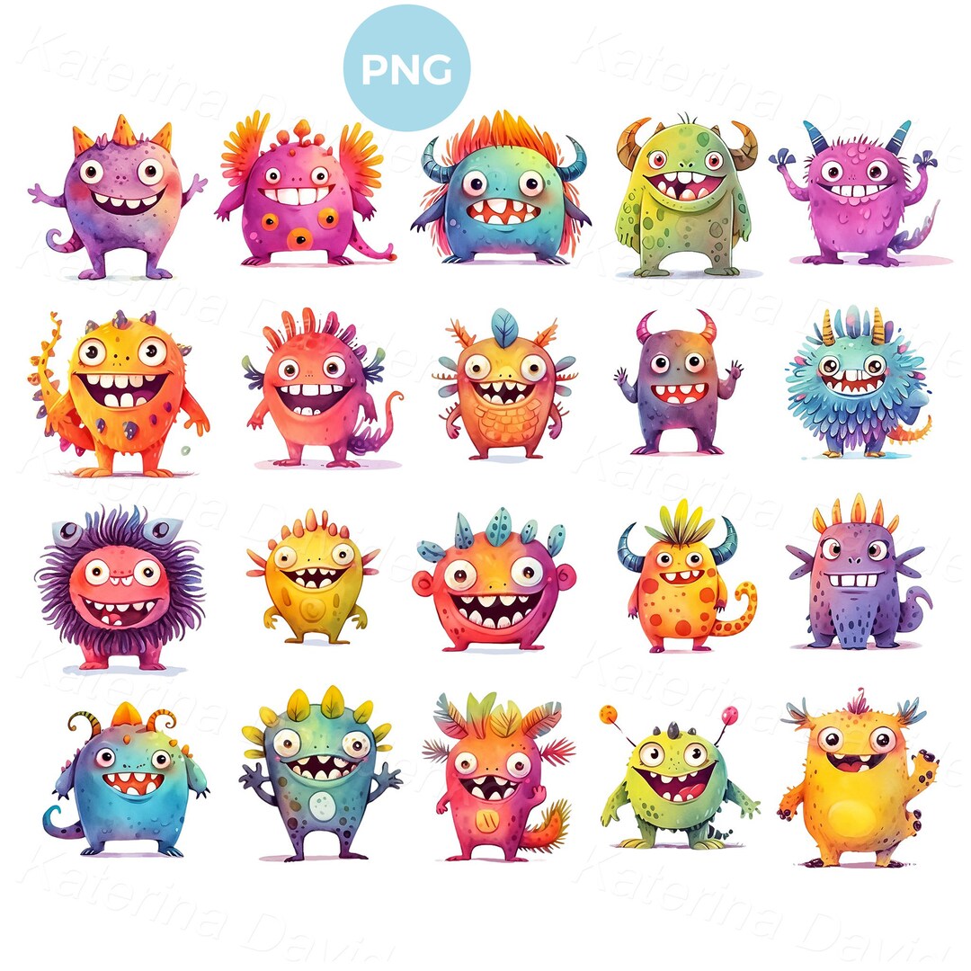 Funny Cartoon Monsters Clipart Set, Watercolor Cute Monsters PNG ...