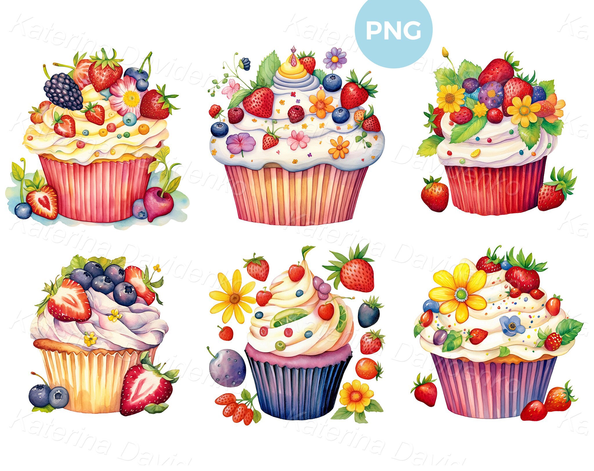 Set of Cupcakes With Berries. Watercolor Cake PNG Clipart Sweets With ...