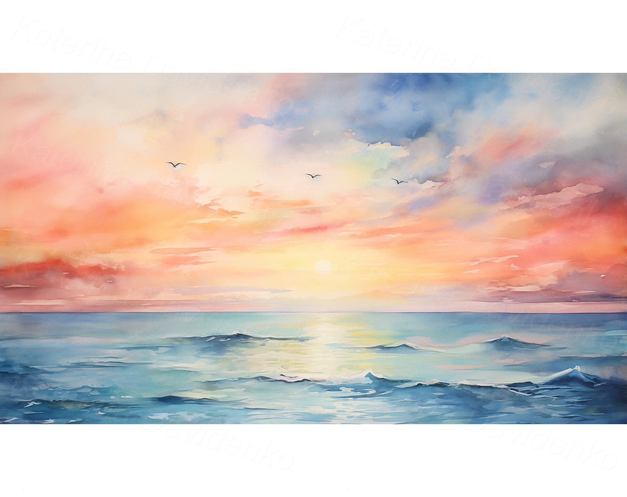 Printable Seascape Painting. Digital Download Watercolor Wall Art ...