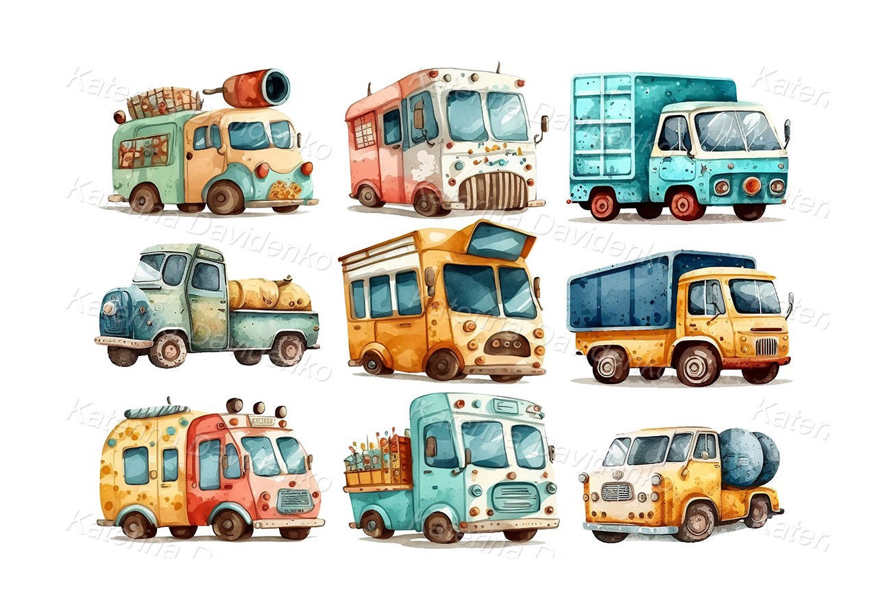 Set of Cartoon Vintage Retro Cars Clipart, Trucks, Buses, Trailers Jpg ...