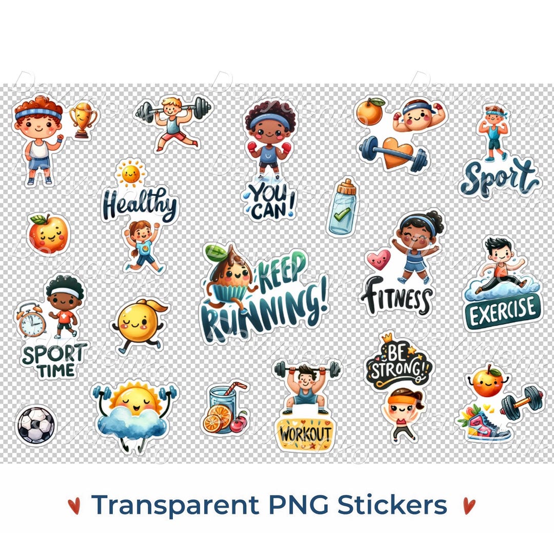 Fitness Stickers Set, Cartoon Kids Clipart for Planners, Motivational ...
