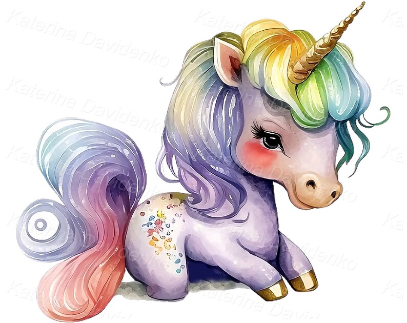 Set of Cute Cartoon Rainbow Unicorns. Watercolor Fairy Tale Fantasy PNG ...