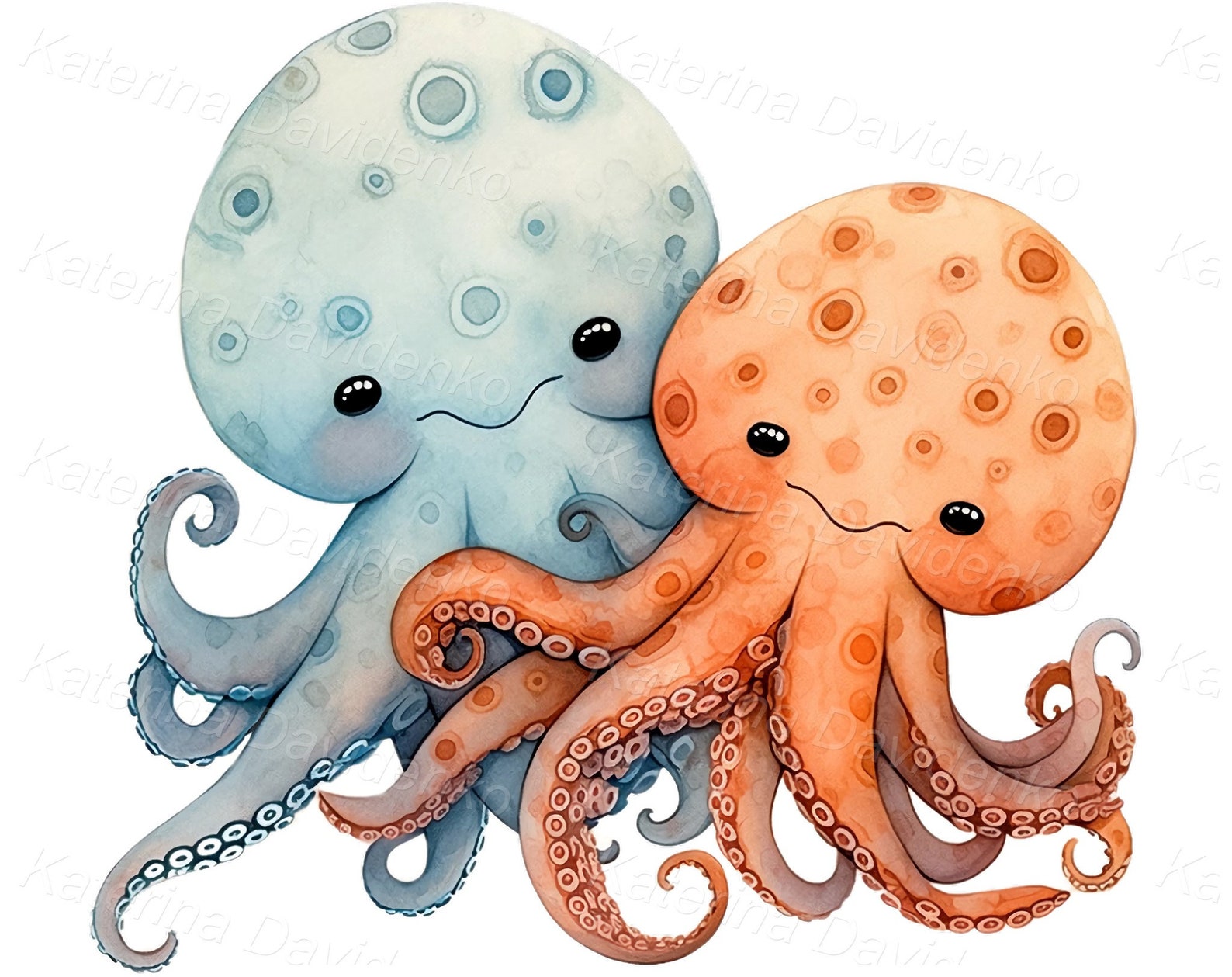 Collection of Funny Cartoon Octopuses, Watercolor Fishes PNG Clipart ...