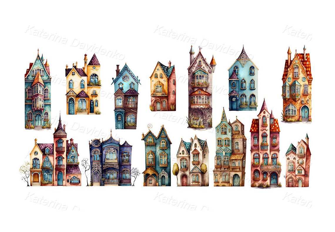 Watercolor Painting Set of Cute Cartoon Townhouses Isolated on White ...