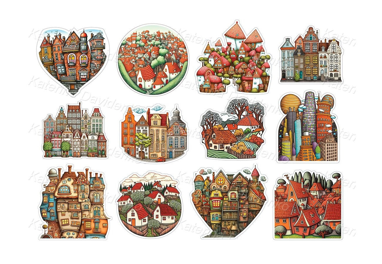 Cute Cartoon Houses Stickers Pack, Europian Cityscape, Touristic PNG ...