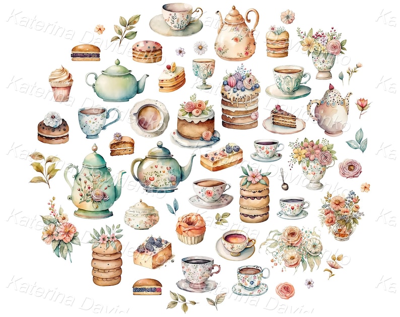 Tea Party Clipart Set. Watercolor Illustration With Different Sweets ...