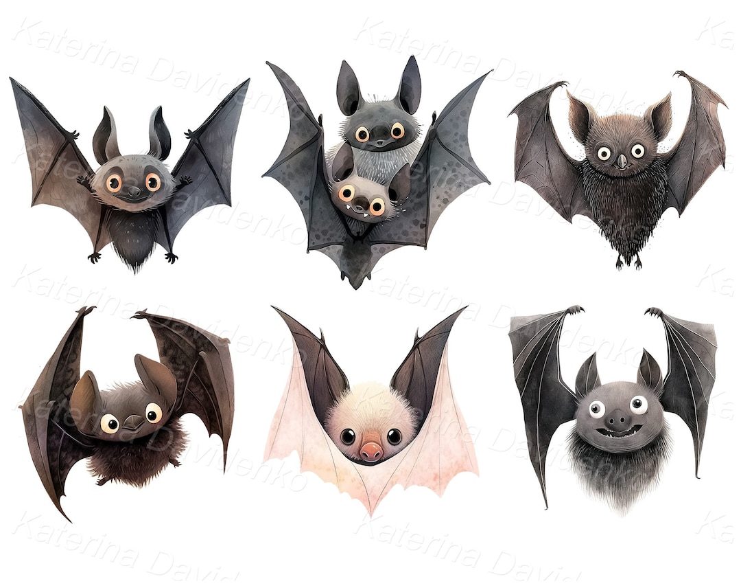 Watercolor PNG Clipart Set of Cute Cartoon Flying Bat. Funny Bat ...