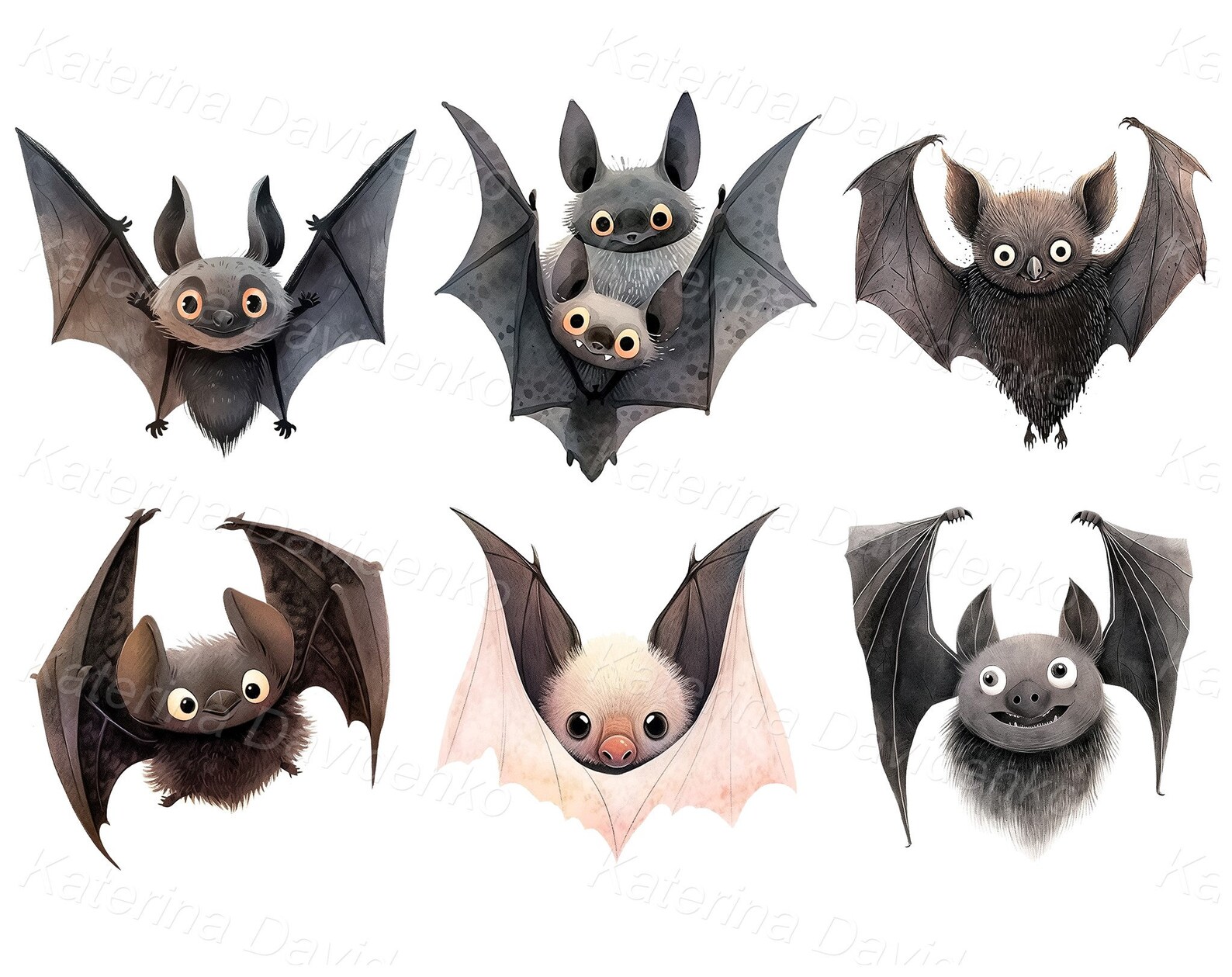 Watercolor PNG Clipart Set of Cute Cartoon Flying Bat. Funny Bat ...