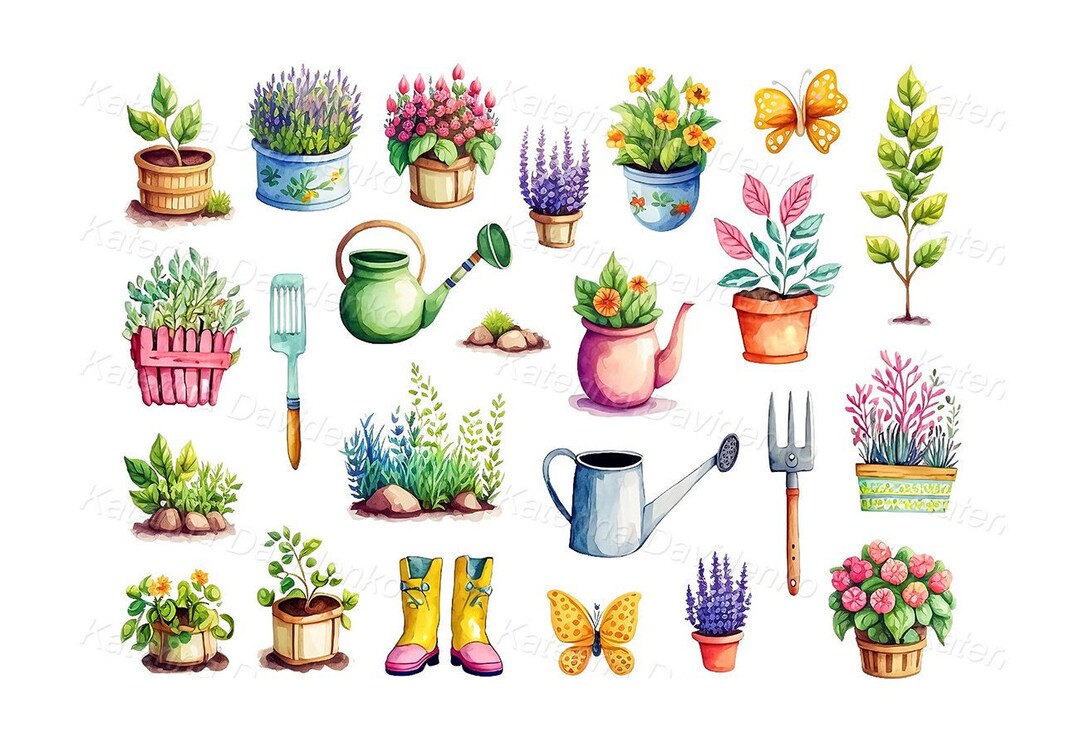 Watercolor Clipart Set of Gardening Tools, Flowers, Flowerpot and ...