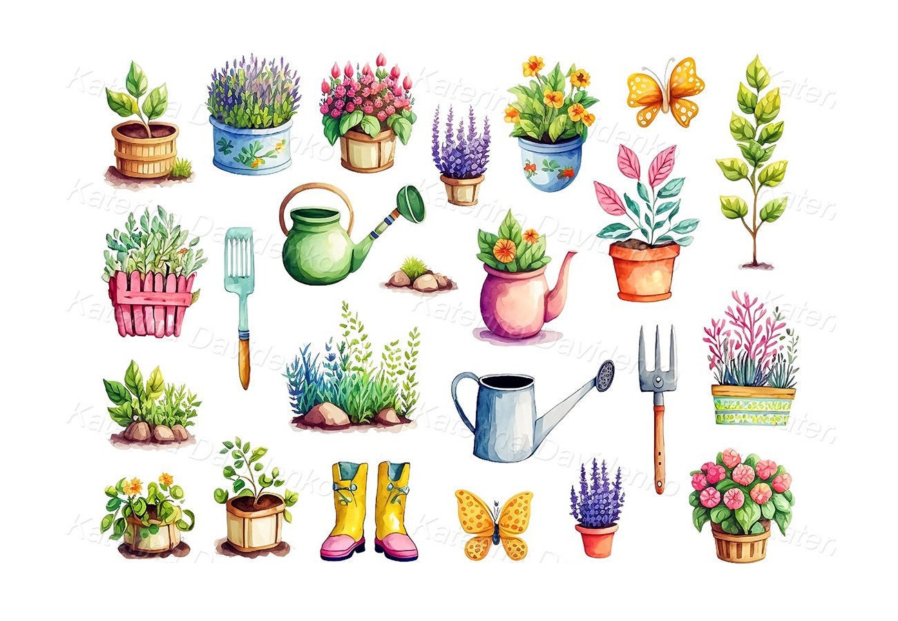 Watercolor Clipart Set of Gardening Tools, Flowers, Flowerpot and ...