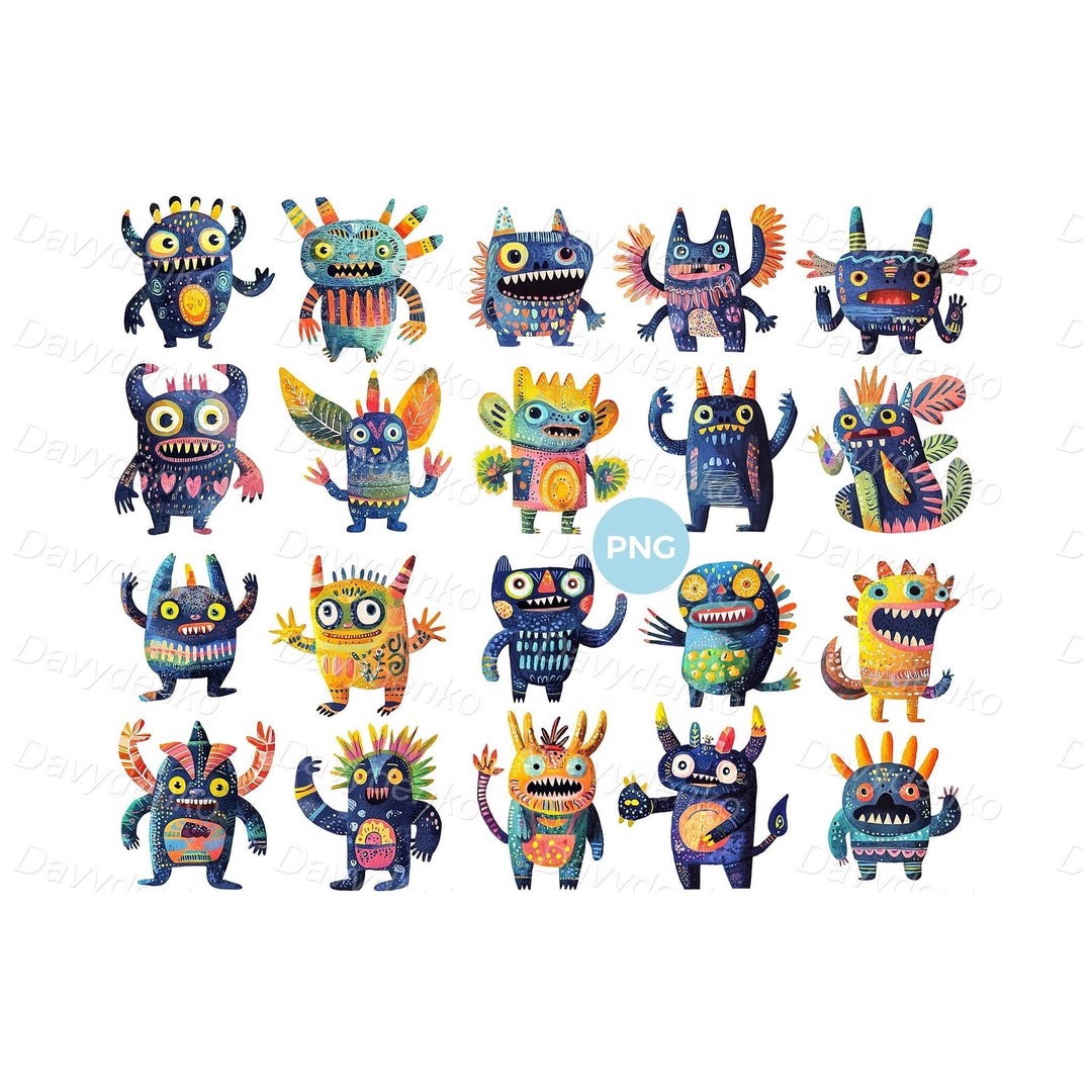 Cartoon Monster Clipart Set, Transparent PNG Files, Watercolor ...