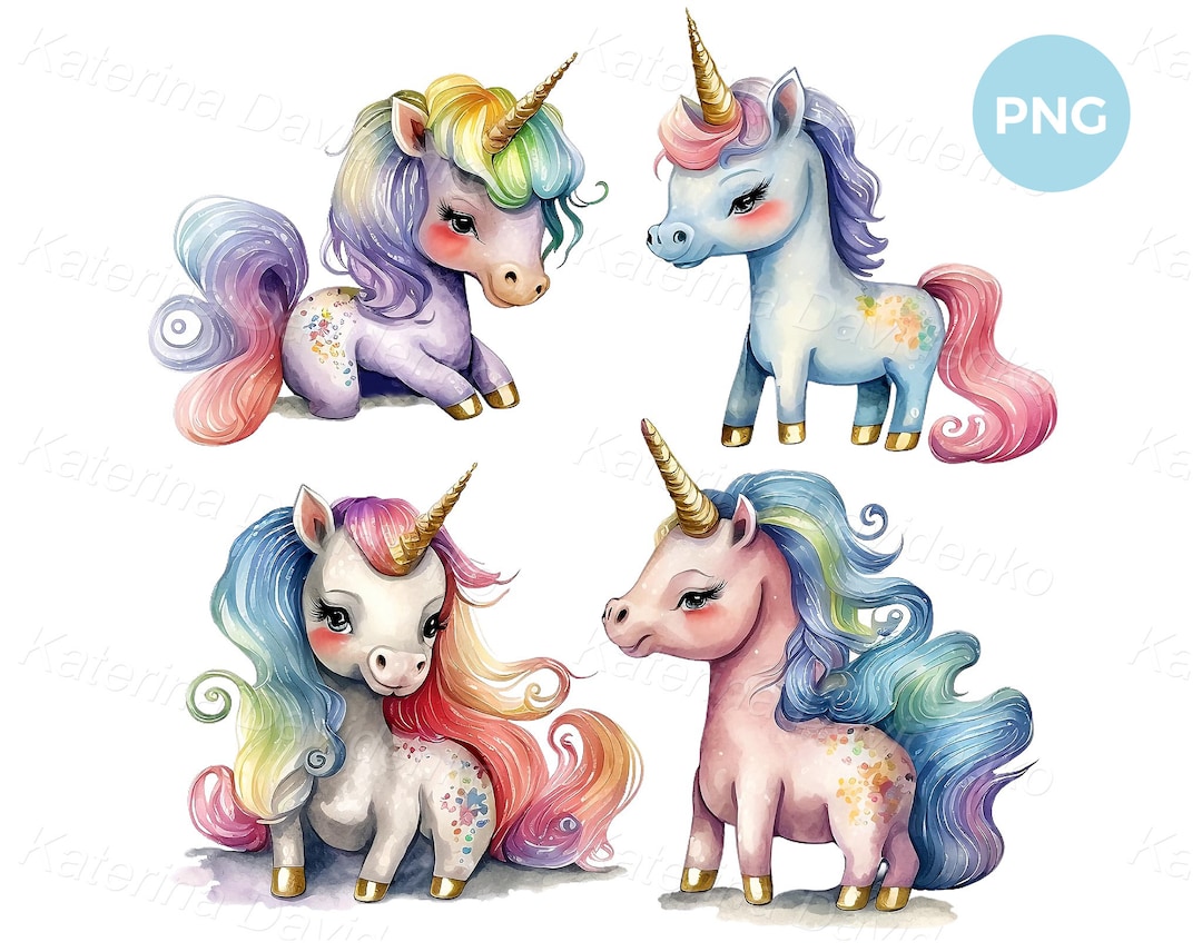 Set of Cute Cartoon Rainbow Unicorns. Watercolor Fairy Tale Fantasy PNG ...