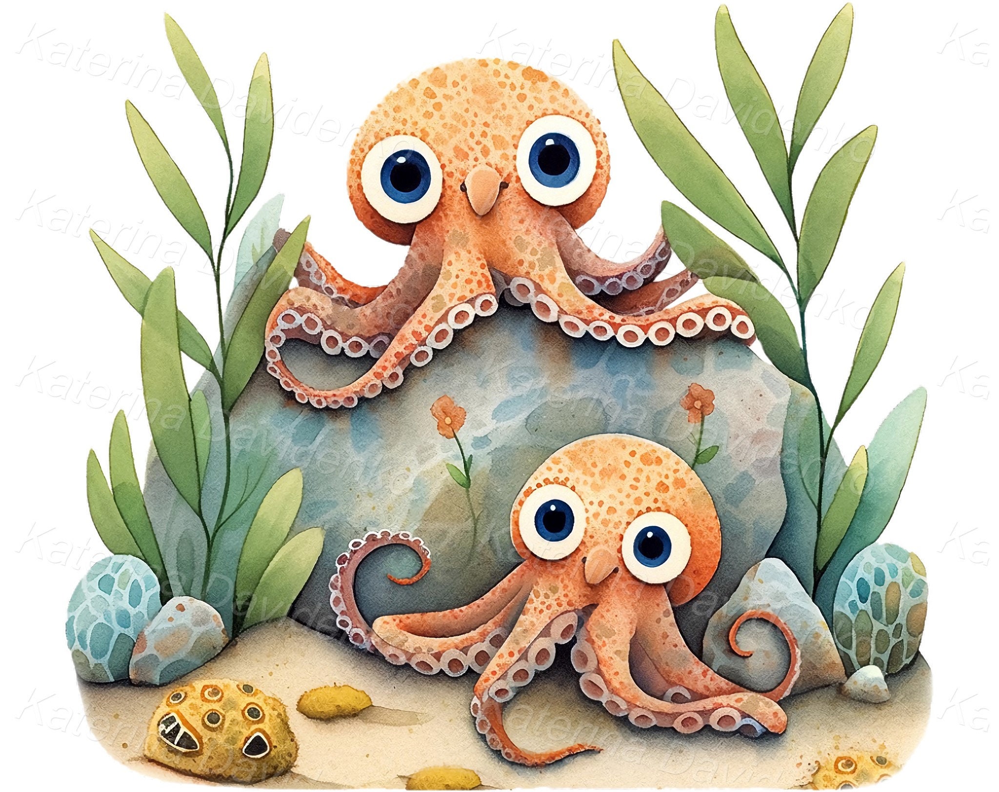 Collection of Funny Cartoon Octopuses, Watercolor Fishes PNG Clipart ...