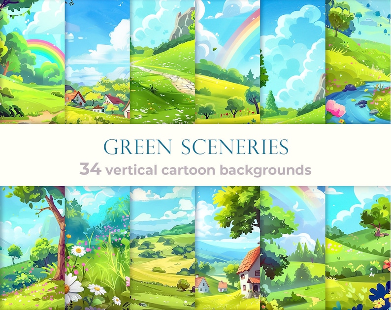 Set of Cartoon Vertical Landscapes Green Sceneries Nature Backgrounds ...