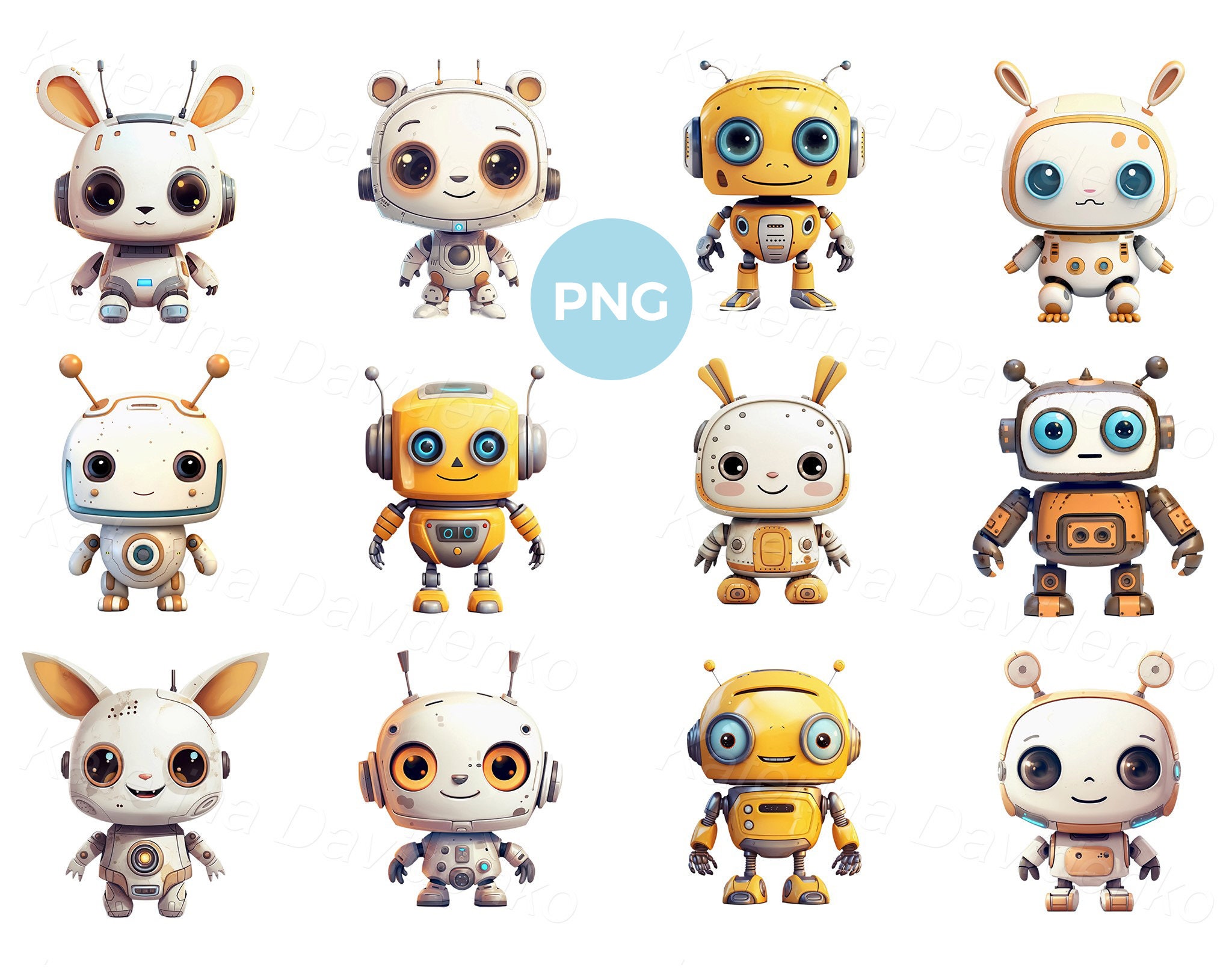Set of Cute Cartoon Robots PNG Clipart, Funny Characters, Bunny Robot ...
