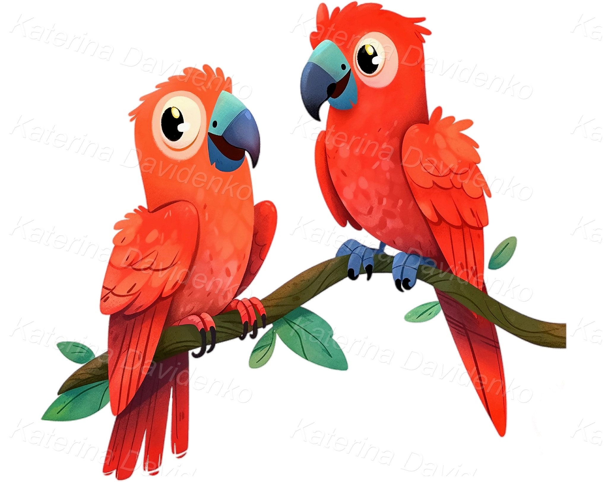 Watercolor PNG Clipart Set of Funny Cartoon Parrots. Portrait of Cute ...