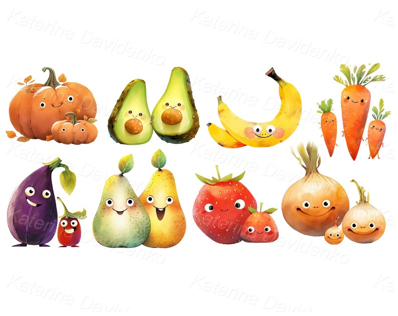 Collection of Cute Cartoon Fruits and Vegetables With Funny Smiling ...