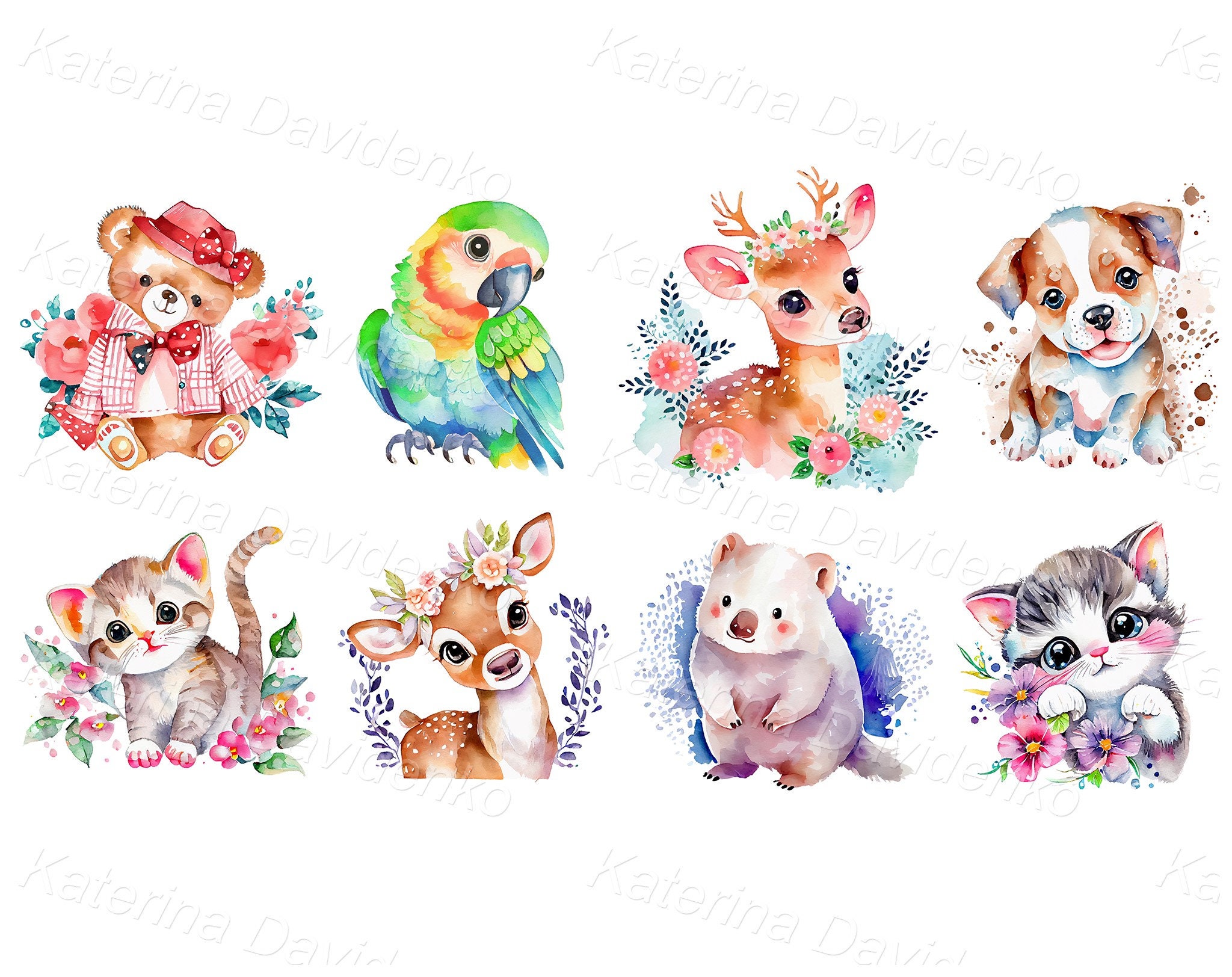 Children's Drawing, Colorful Watercolor Set of Cute Cartoon Animals and ...