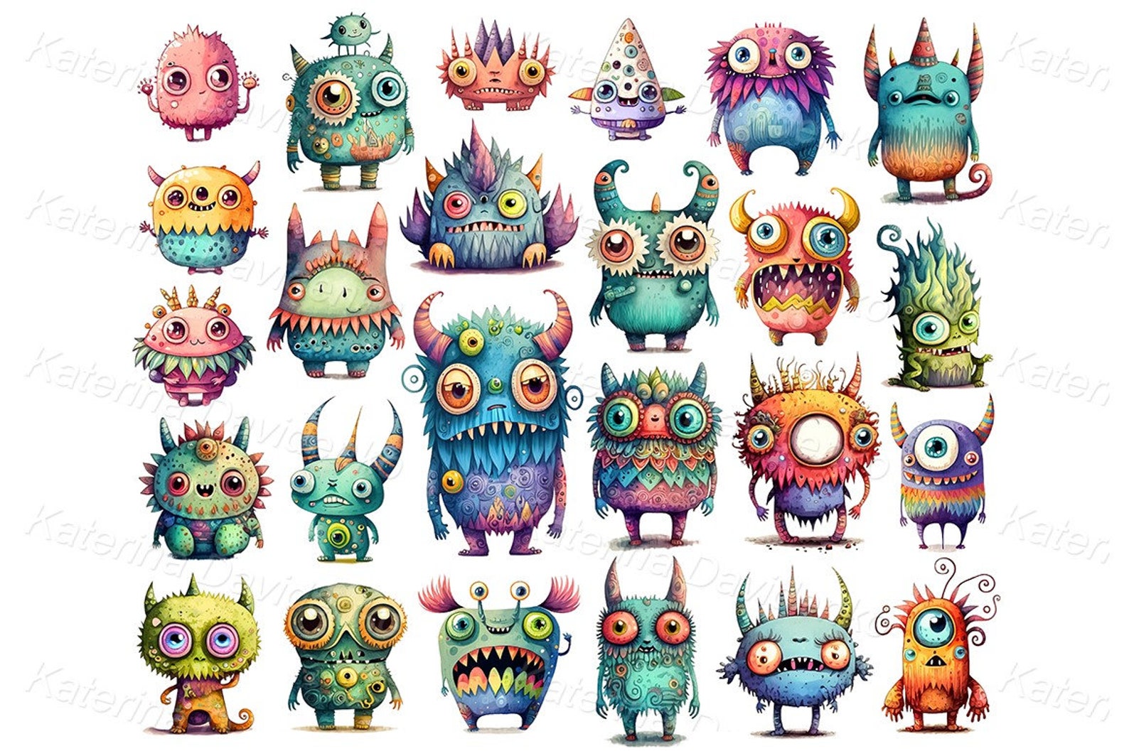 Cute Cartoon Monster Clipart Set. Colorful Watercolor Painting ...