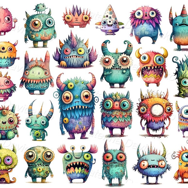 Cute Monsters Watercolor Clipart Retro Collection, Playful Characters ...