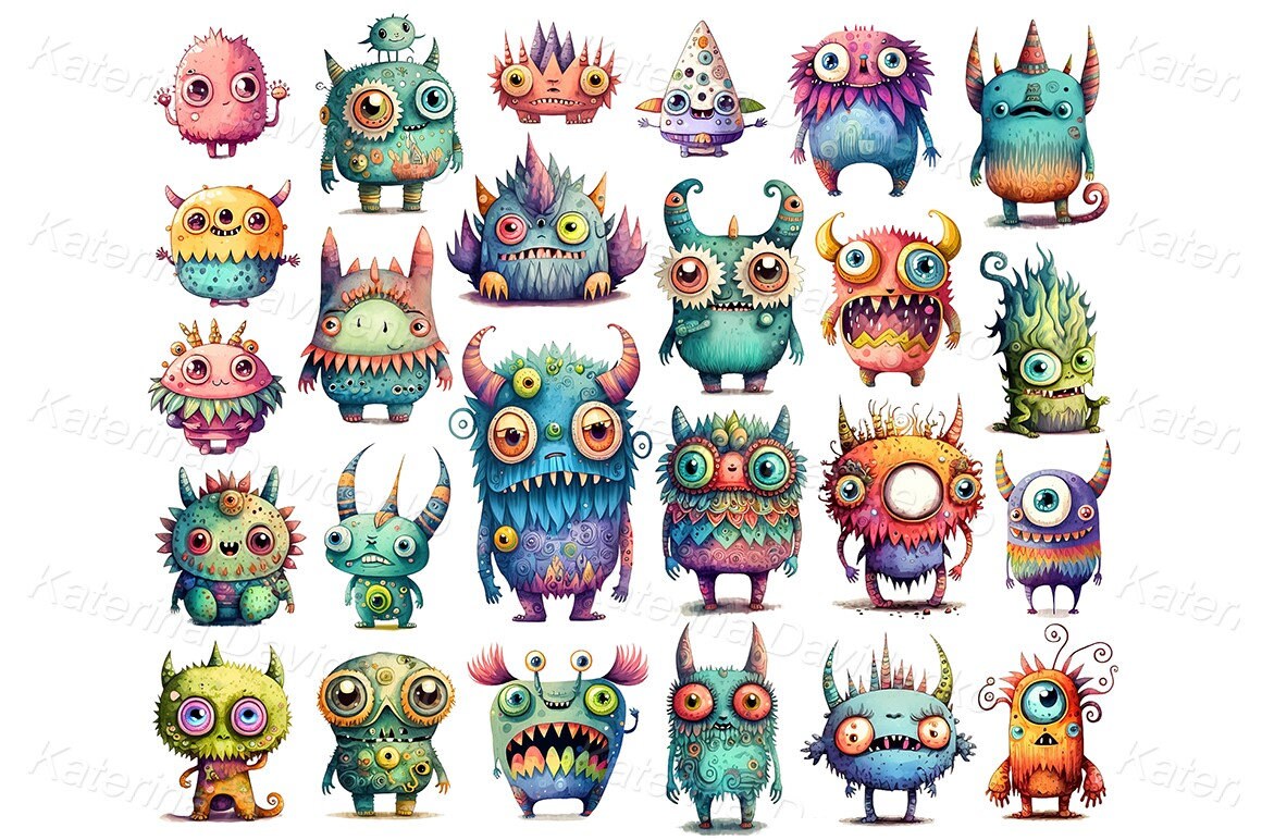 Cute Cartoon Monster Clipart Set. Colorful Watercolor Painting ...