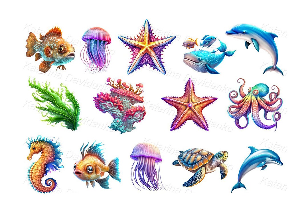 Set of Cartoon Sea Animals Clipart, Realistic Ocean Animal Icons ...