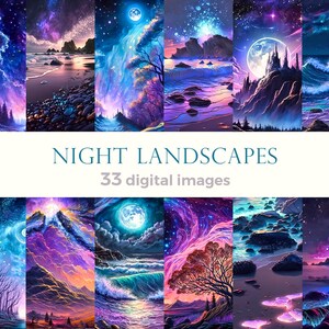 Printable Set of Fantastic Landscape Glowing Stary Night Sky Over the ...