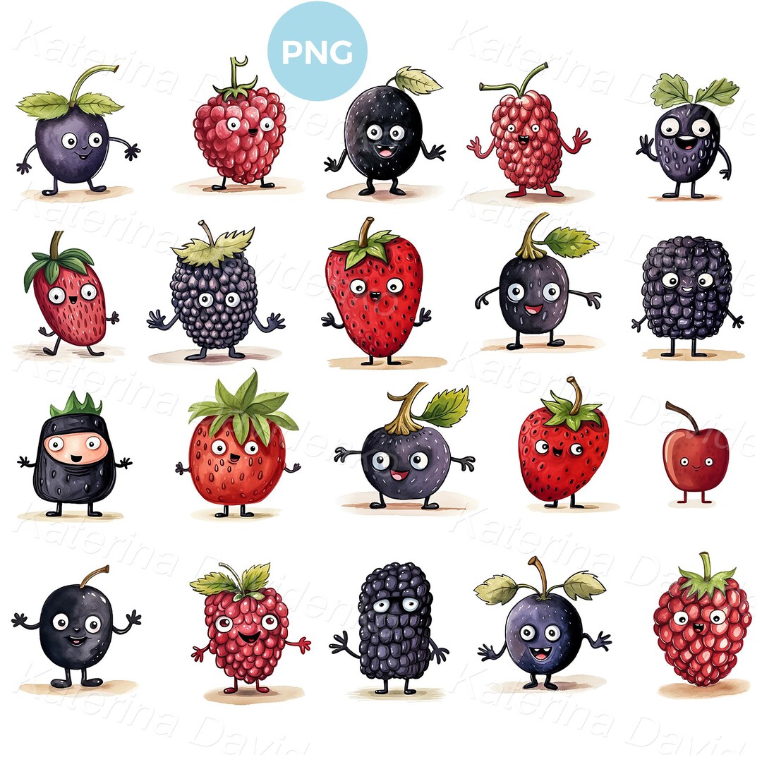 Clipart Set of Funny Cartoon Berries With Eyes, Cute Fruits Clipart PNG ...