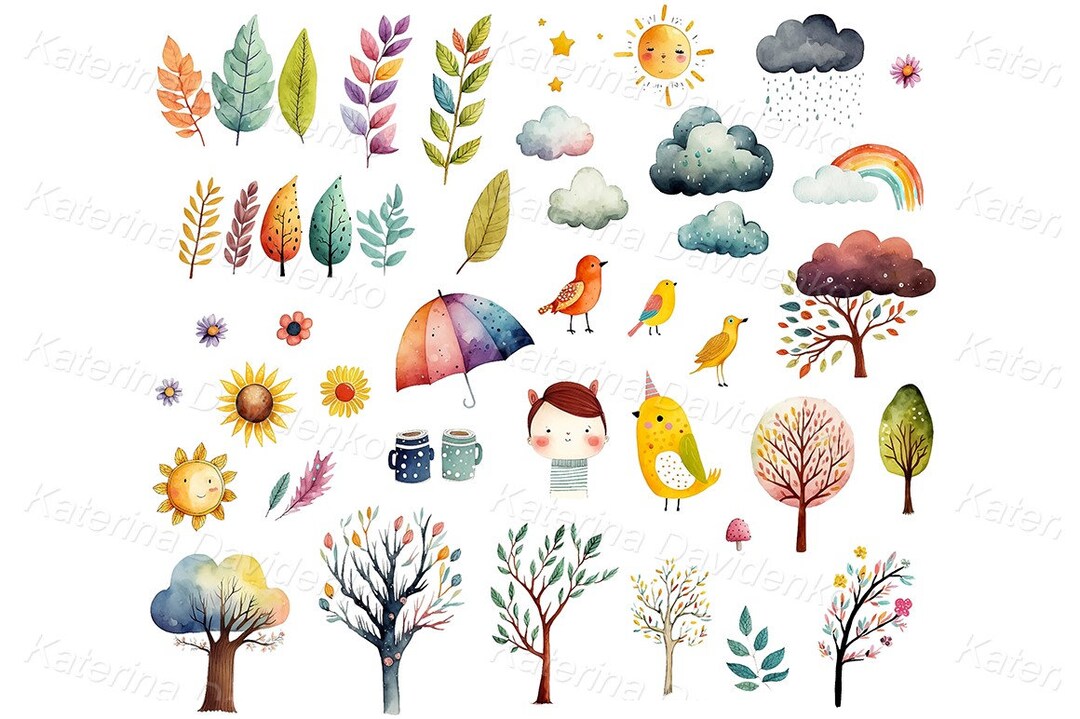 Spring Autumn Weather Clipart Set. Hand Drawn Watercolor Illustration ...