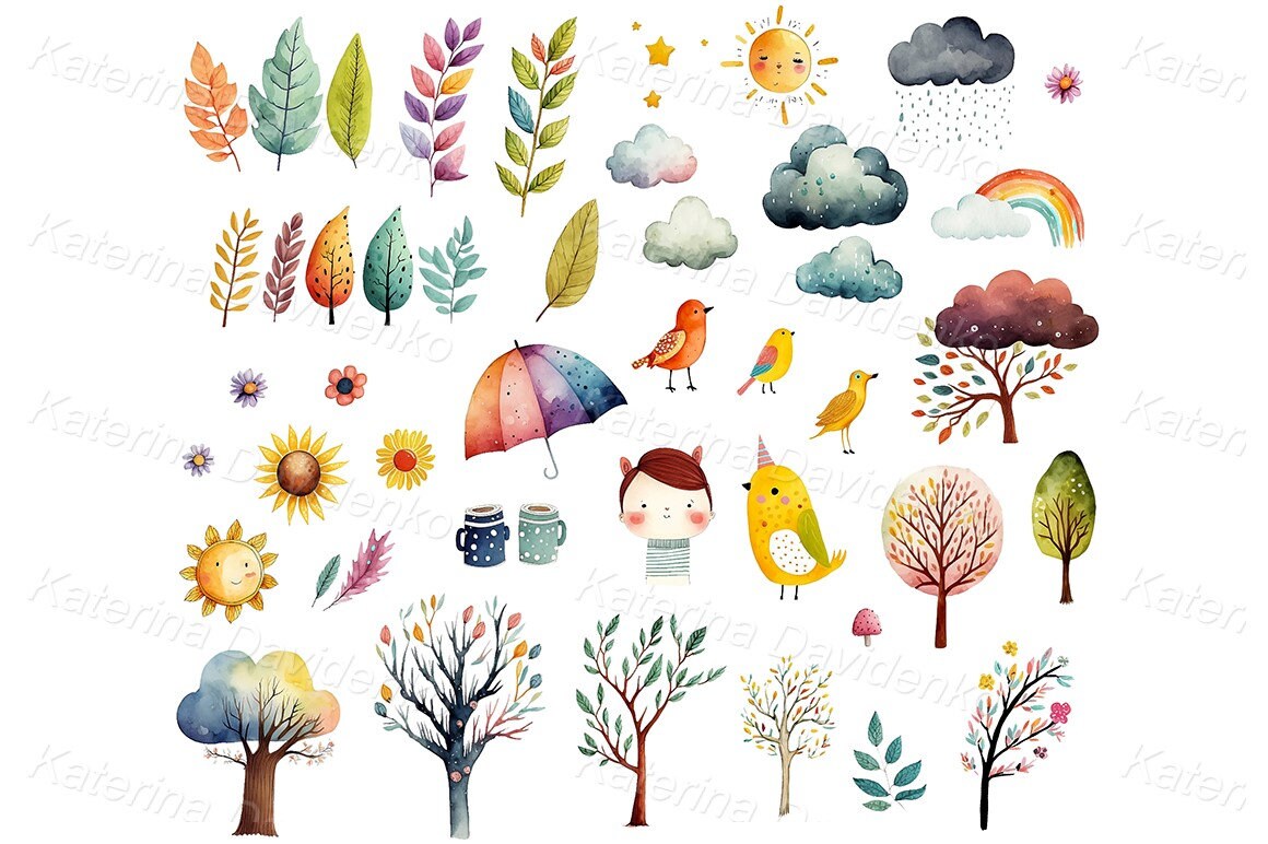 Spring Autumn Weather Clipart Set. Hand Drawn Watercolor Illustration ...