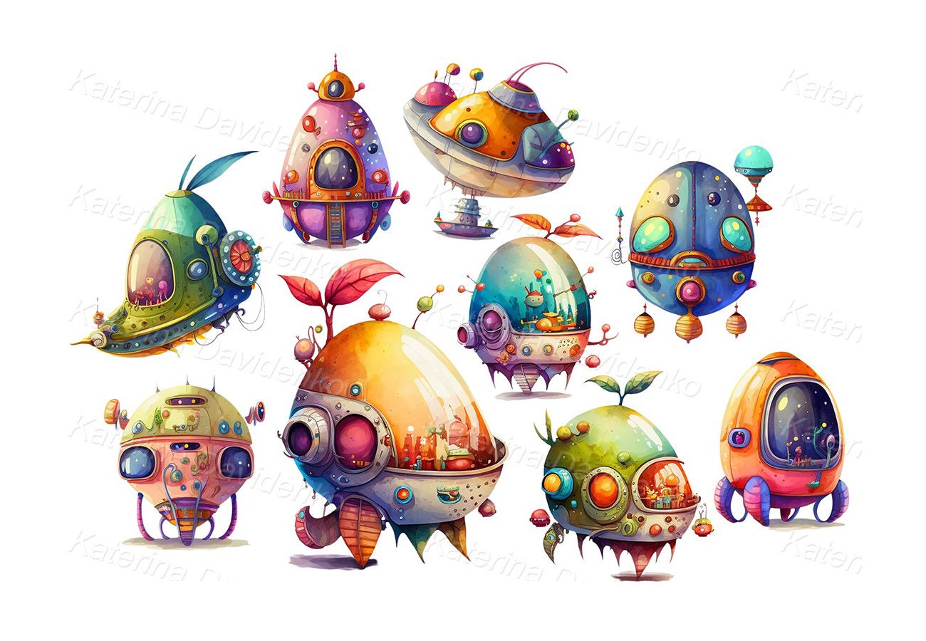 Set of Cartoon Aliens Spaceship, Sci-fi Clipart, Ufo Illustration ...