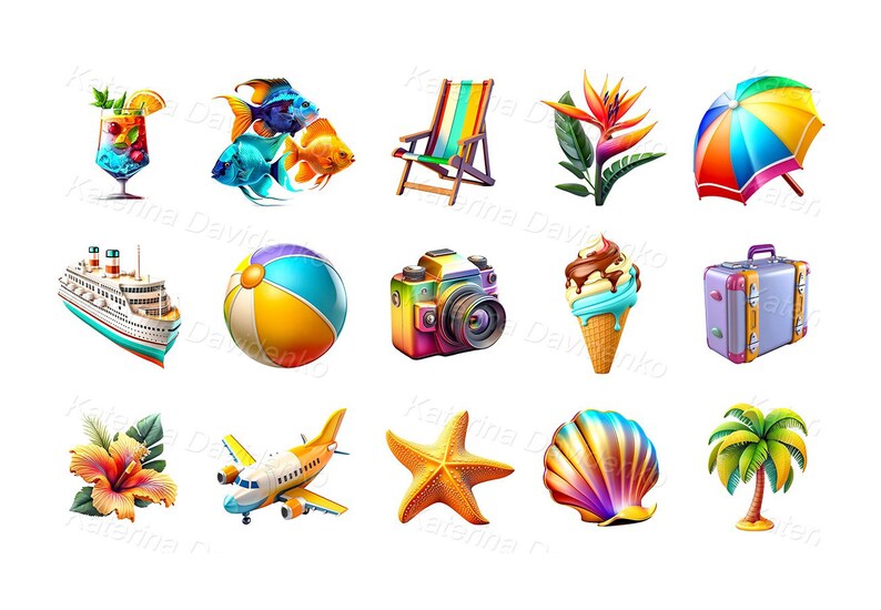Cartoon Icon Clipart Set, Seaside Vacation, Summer Season Illustration ...