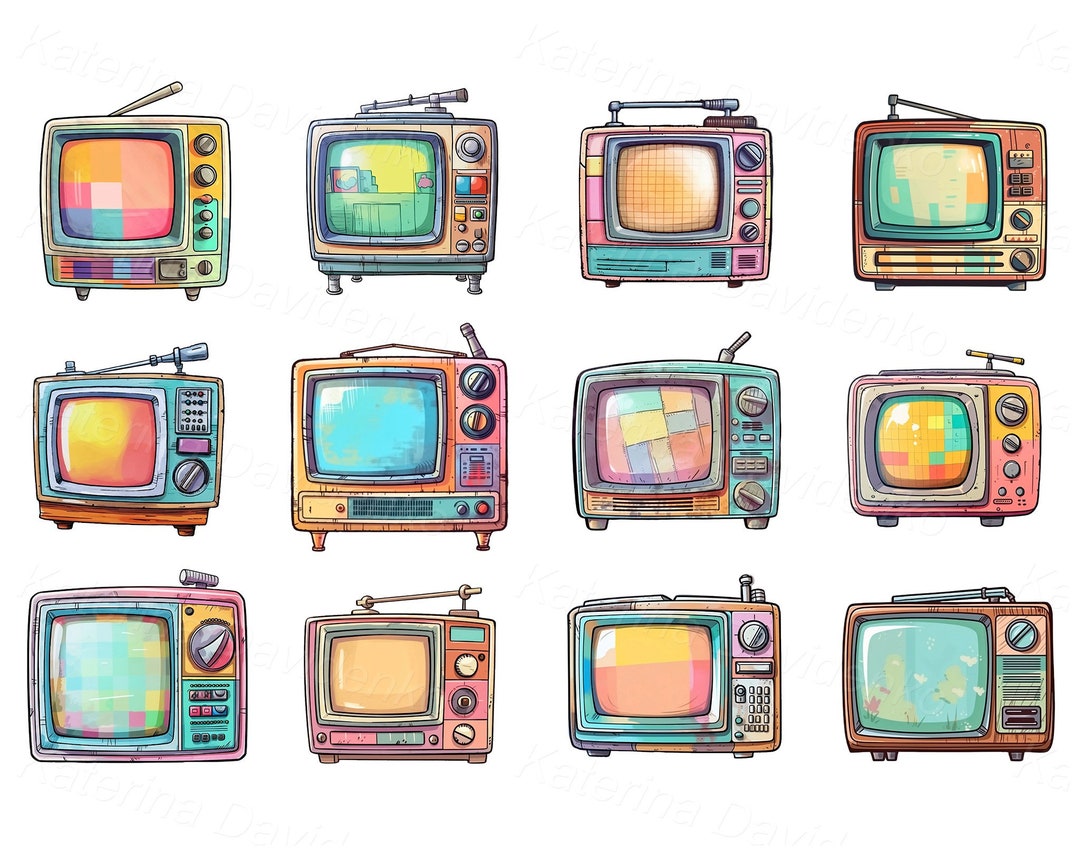 Cartoon Set of Retro Tv Icons, Vintage TV Stickers, Television PNG ...