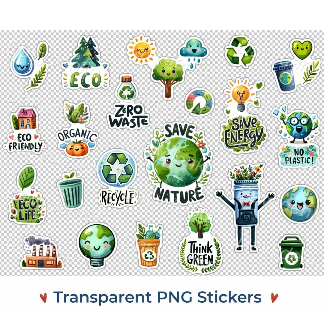 Watercolor ECO Sticker Set. Ecology Stickers. Cartoon ECO Clipart ...