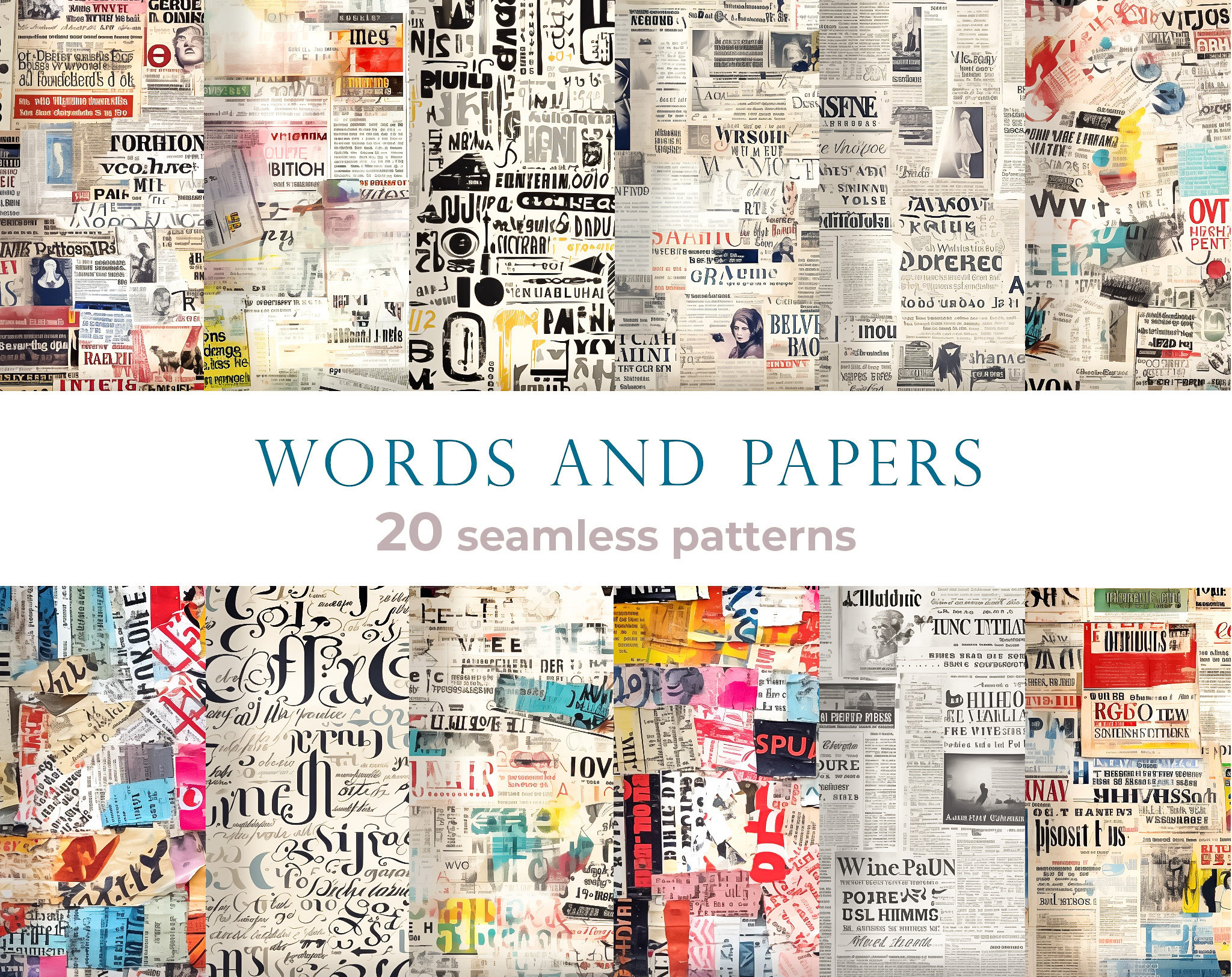Seamless Patterns With Collages of Newspapers or Magazine. Calligraphic ...