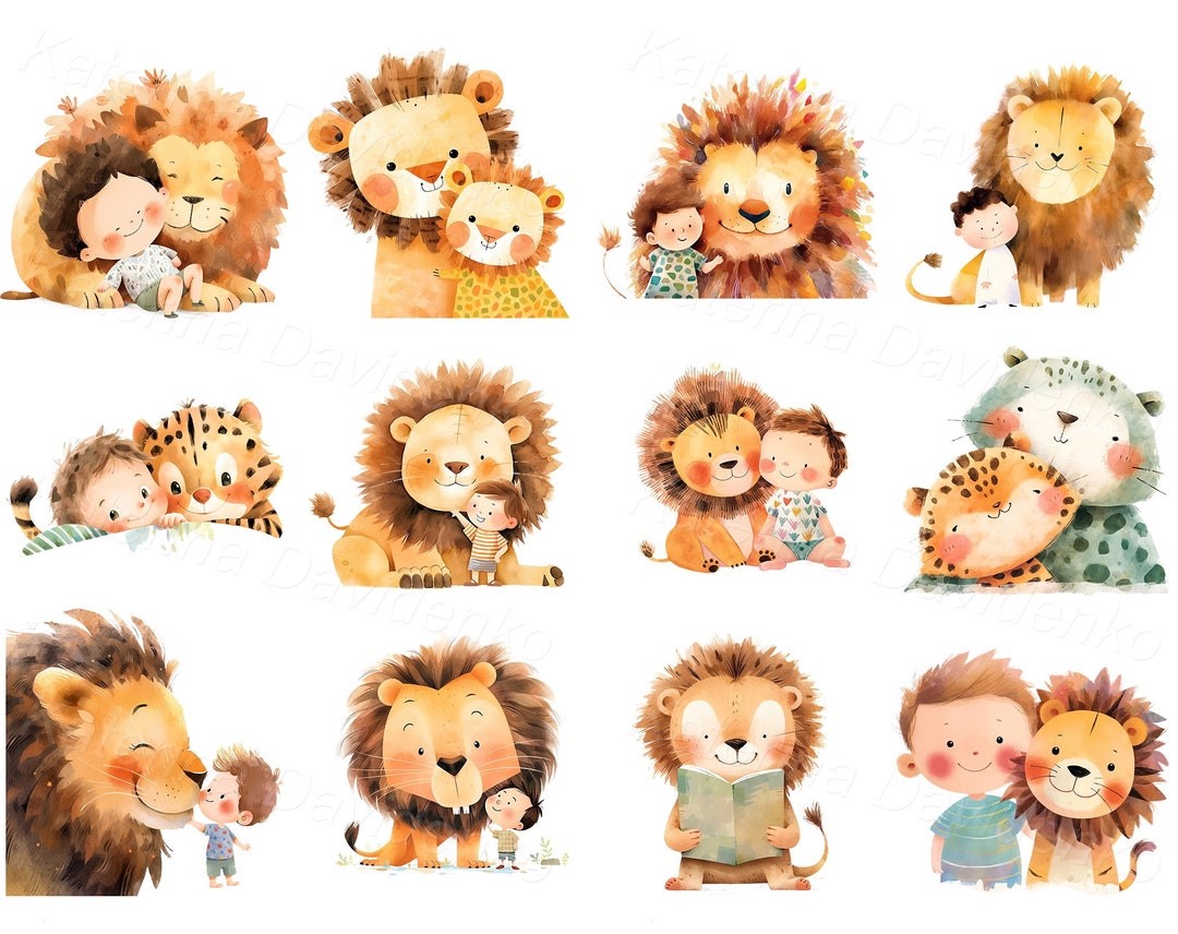 Cartoon PNG Clipart of Little Kids With Cute Lions and Tigers. Happy ...