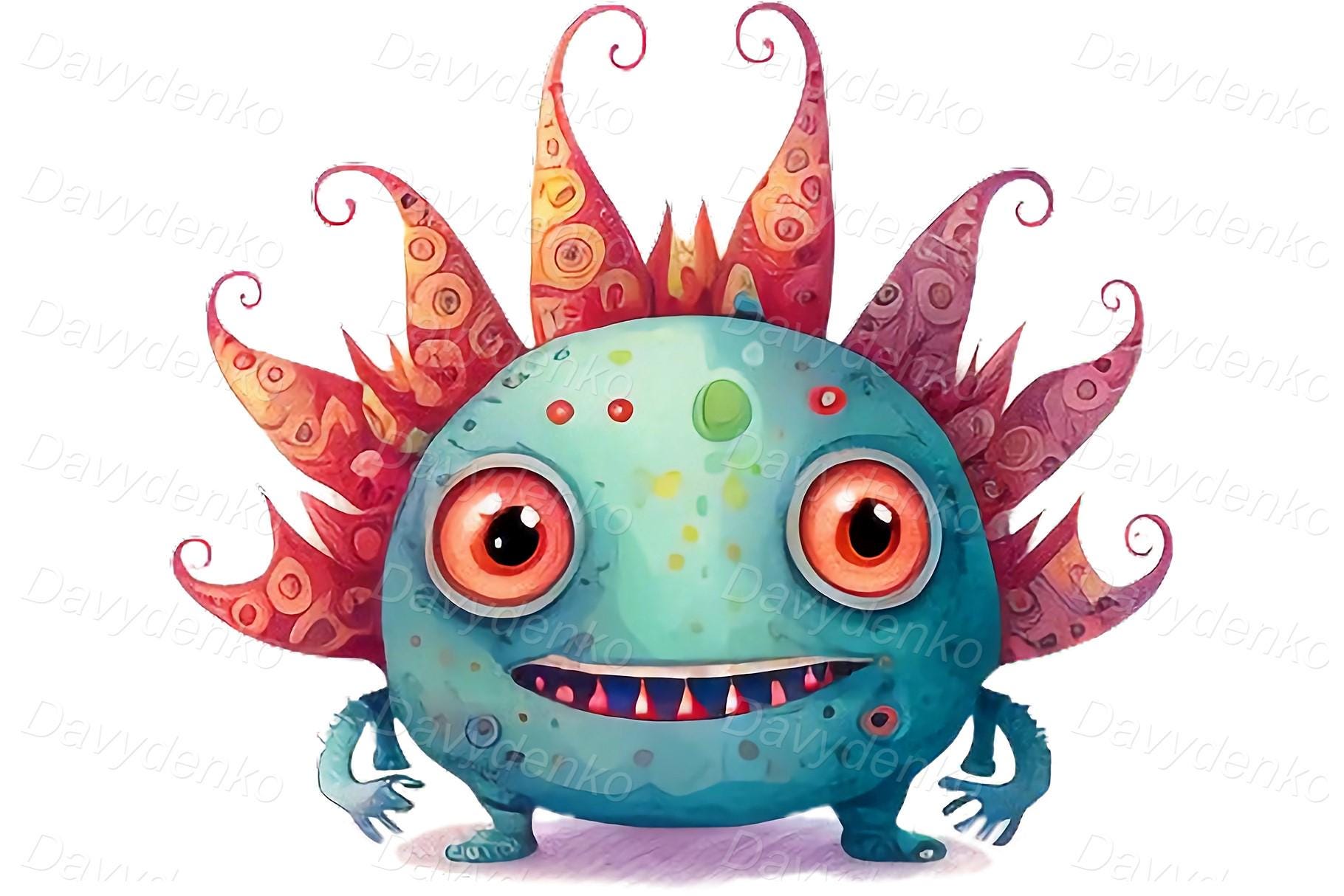 Set of Cute Cartoon Happy Monsters Clipart, Watercolor Funny Monsters ...